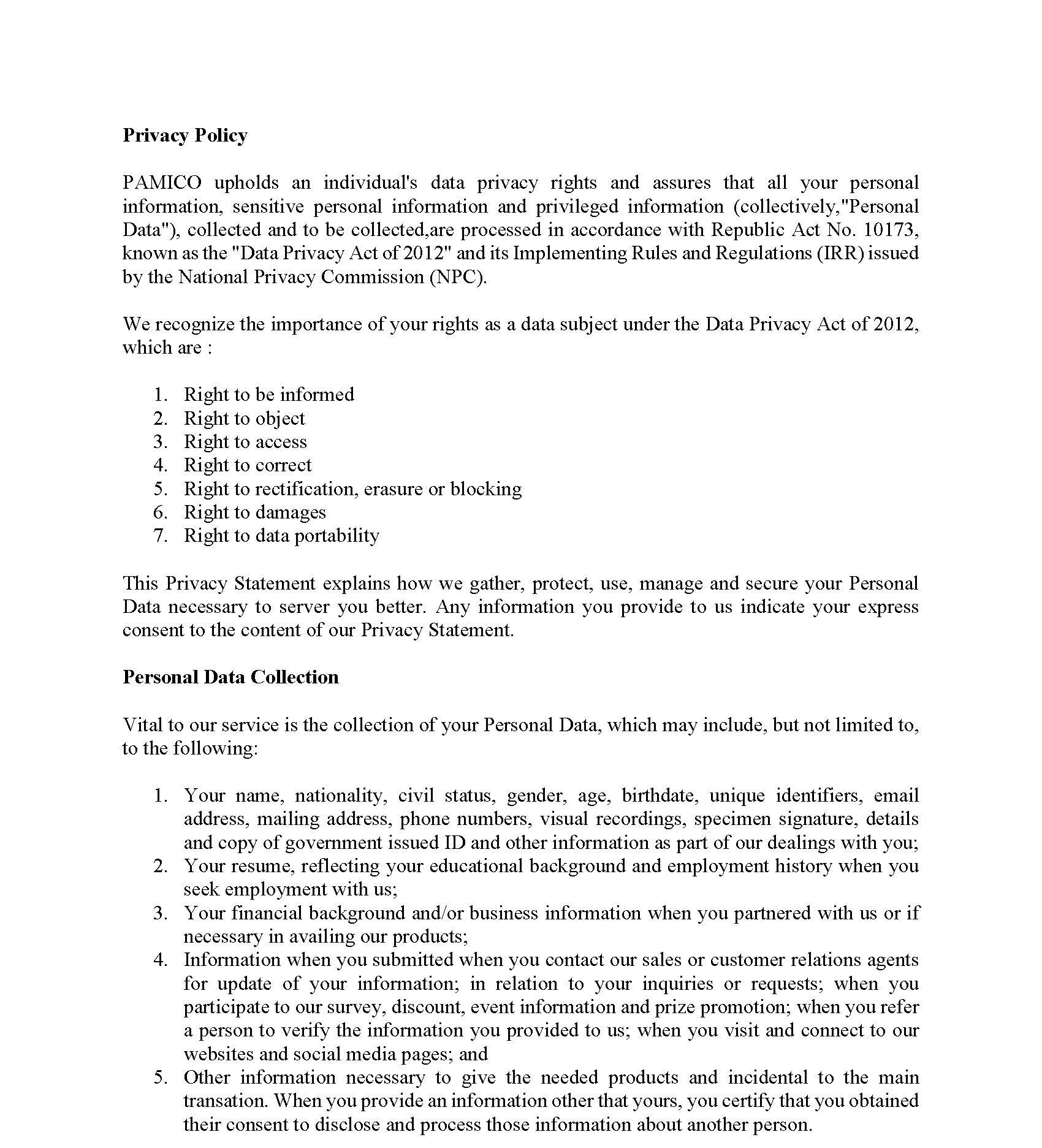Pinoy OFW Insurance - Data Privacy | OFW Insurance | PAMICO Management ...